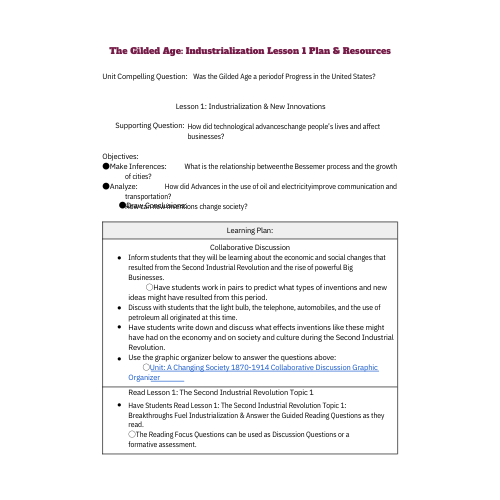 The Gilded Age: Industrialization Lesson 1 Plan & Resources | Made By ...