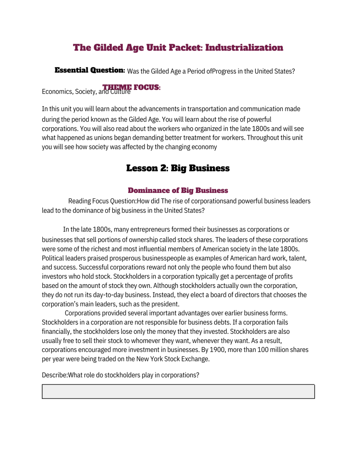 The Gilded Age: Industrialization Lesson 2 Plan & Resources | Made By ...