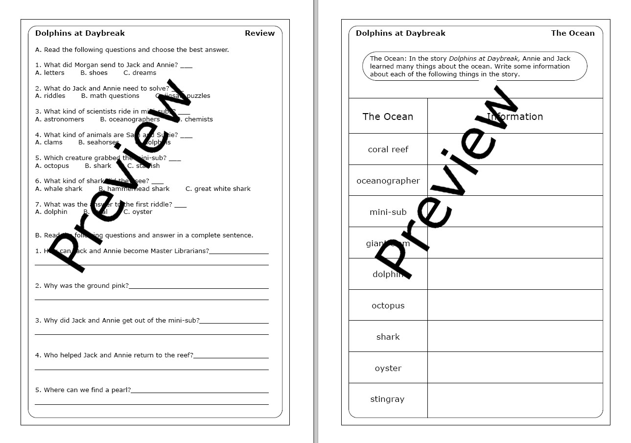 Magic Tree House "Dolphins at Daybreak" worksheets | Made By Teachers