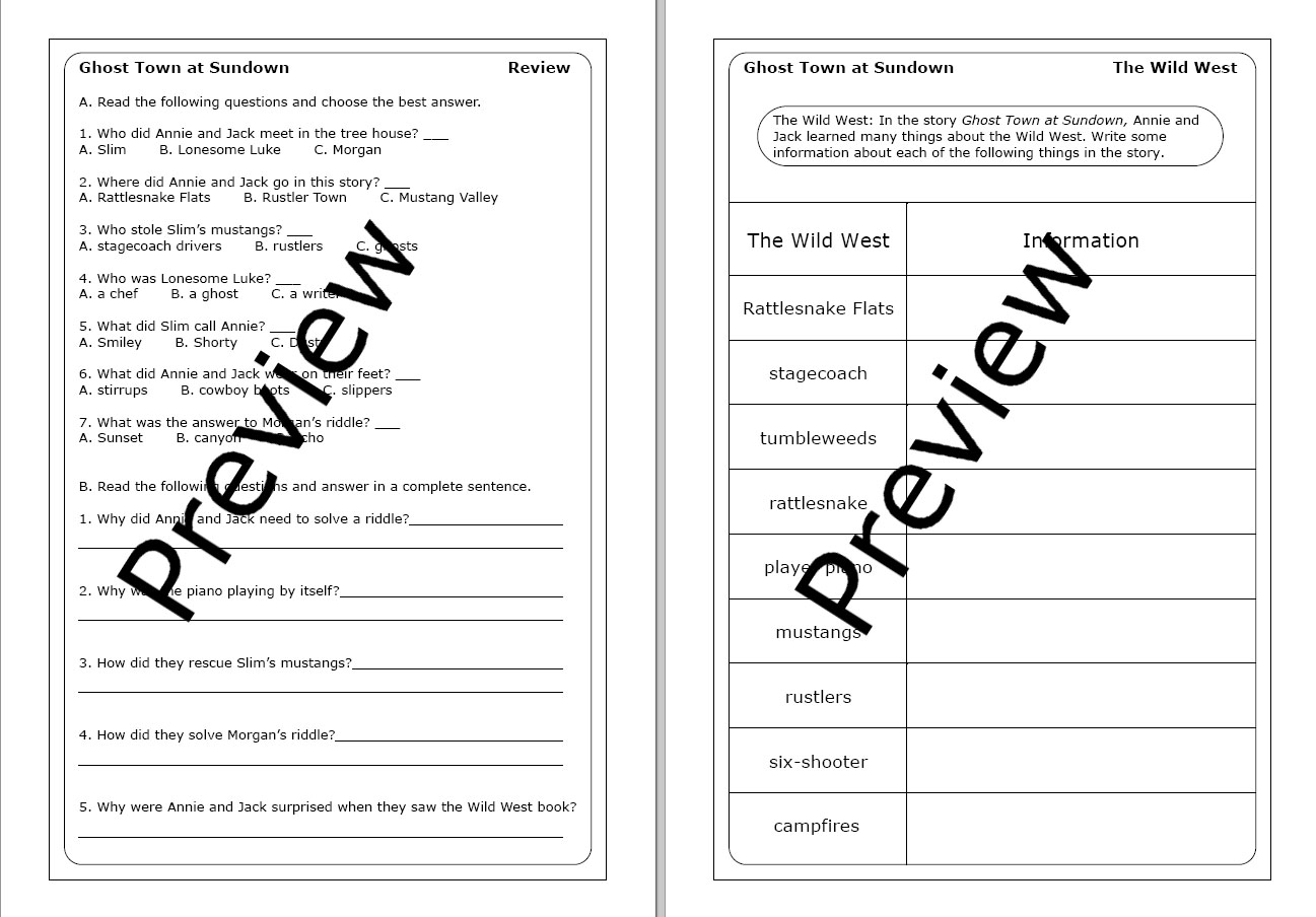 Magic Tree House "Ghost Town at Sundown" worksheets | Made By Teachers