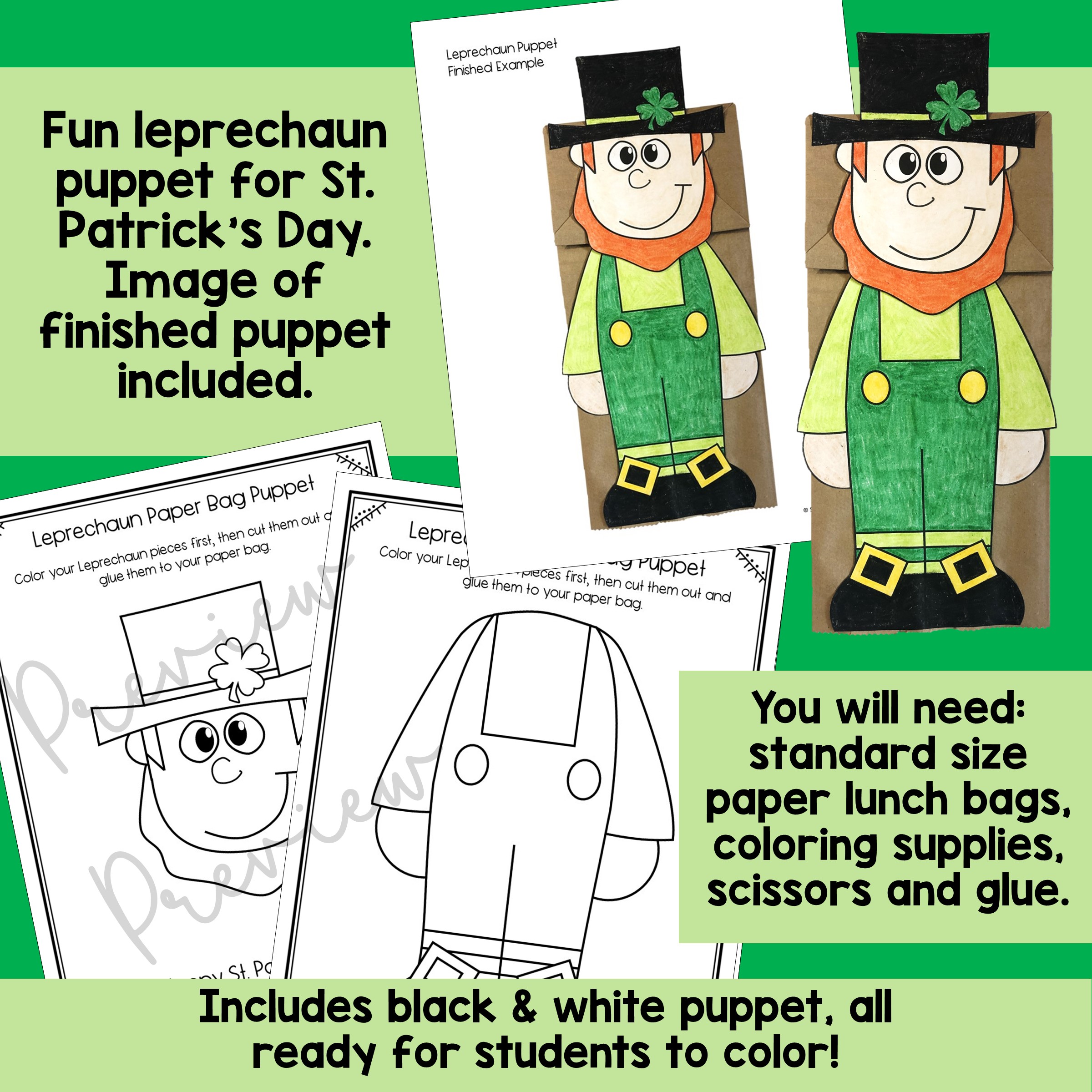Leprechaun Paper Bag Puppet Craft Activity for St. Patrick's Day | Made ...