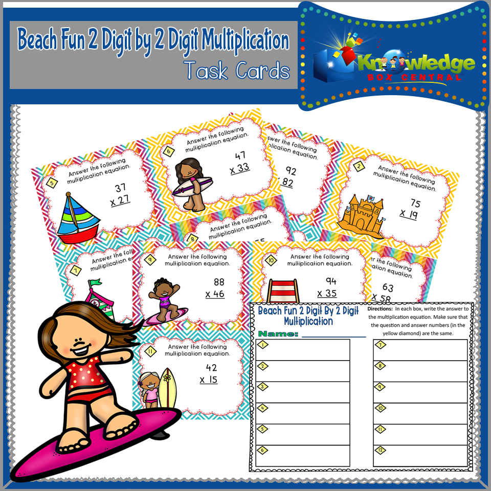 Beach Fun 2 Digit By 2 Digit Multiplication Task Cards With Response ...