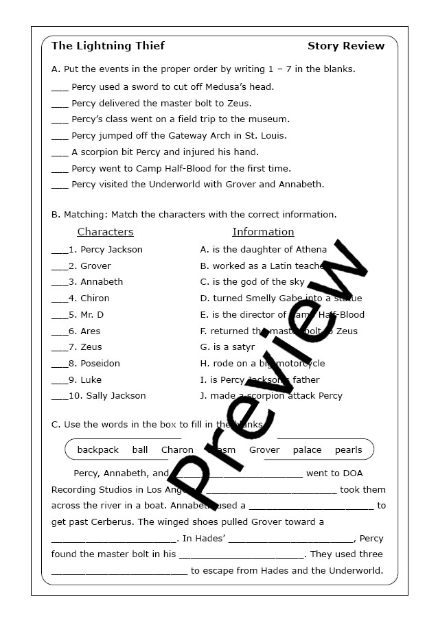 Rick Riordan "The Lightning Thief" worksheets - Made By Teachers