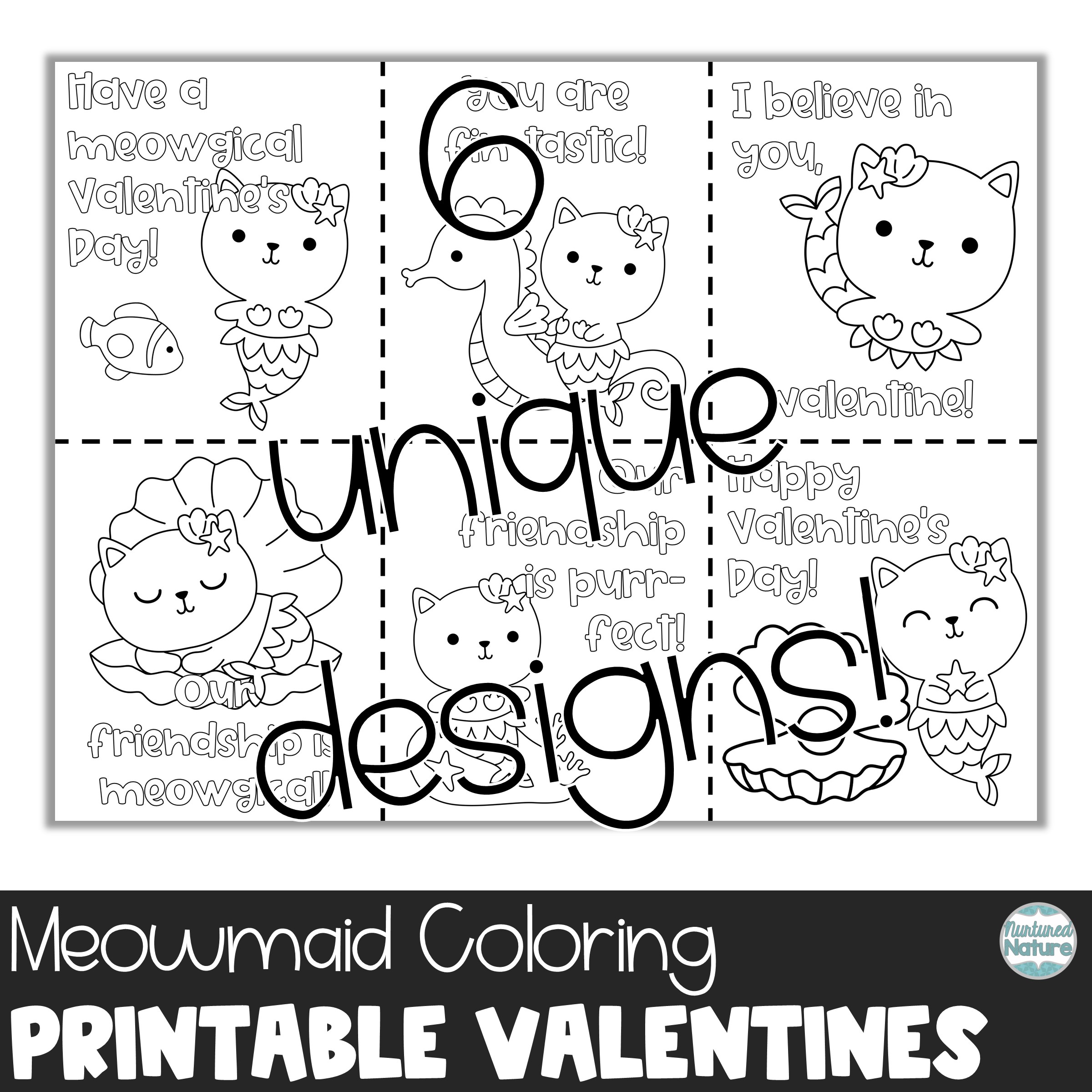 Mermaid Cat Coloring Valentine’s Day Cards for Students | Made By Teachers