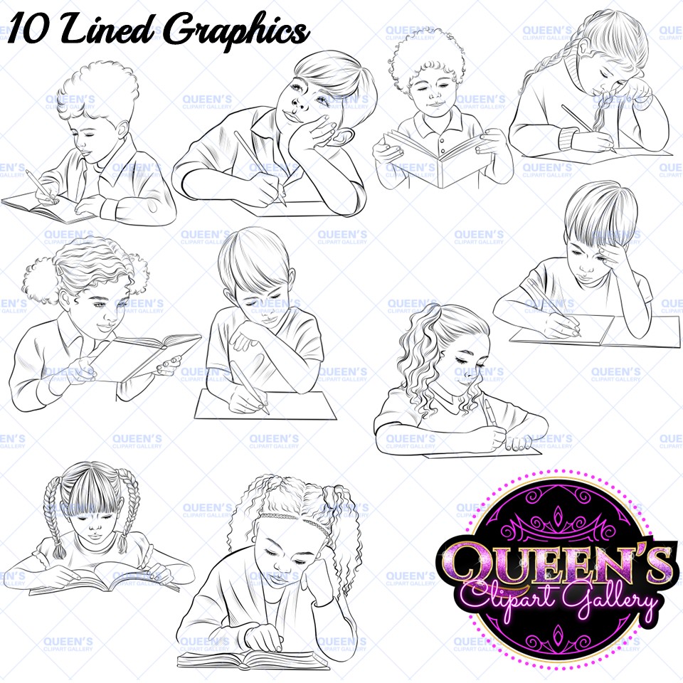 Kids Clipart, Kiddos Clipart, Students Reading and Writing Clipart ...