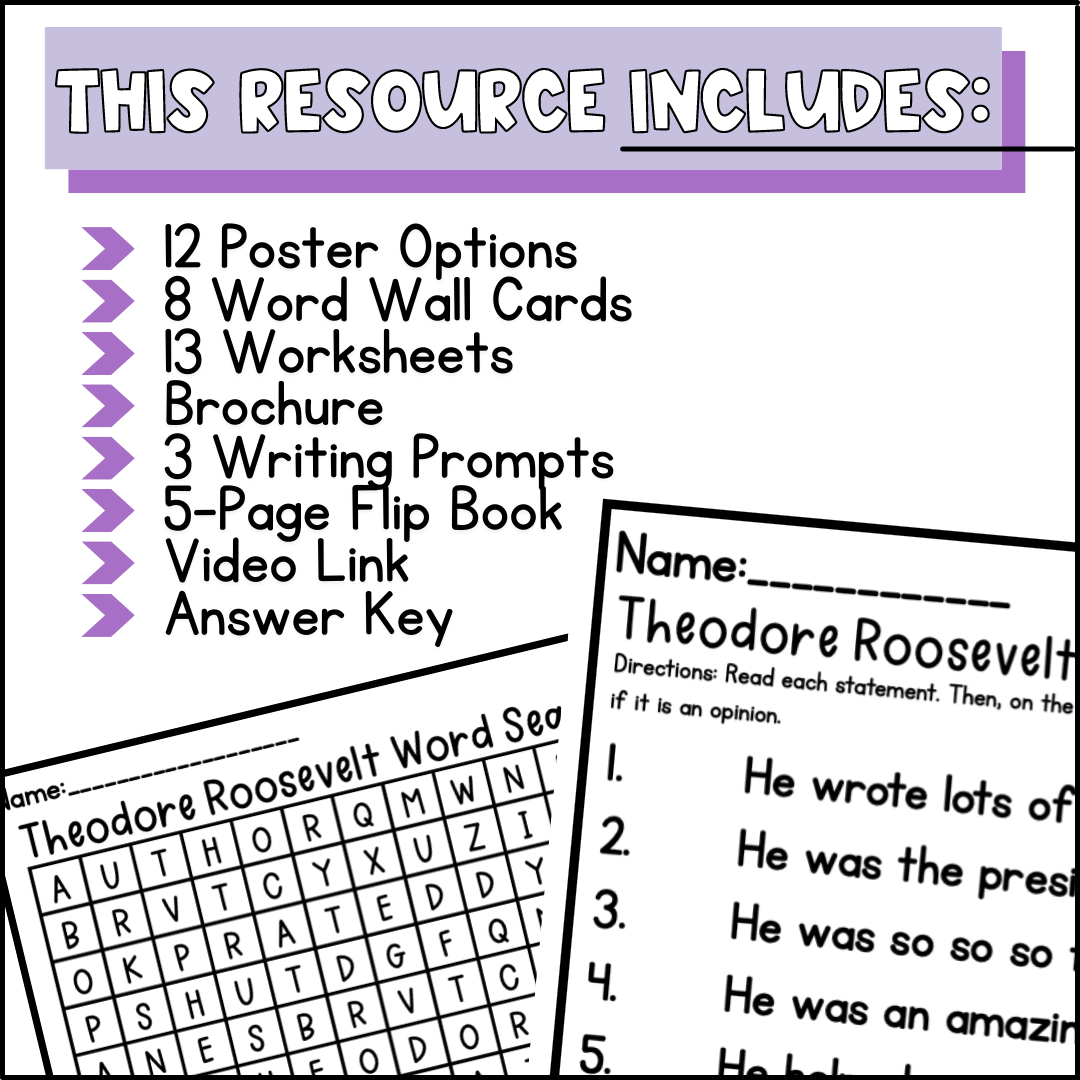 Theodore Roosevelt Biography Activities, Report, Worksheet - Presidents ...