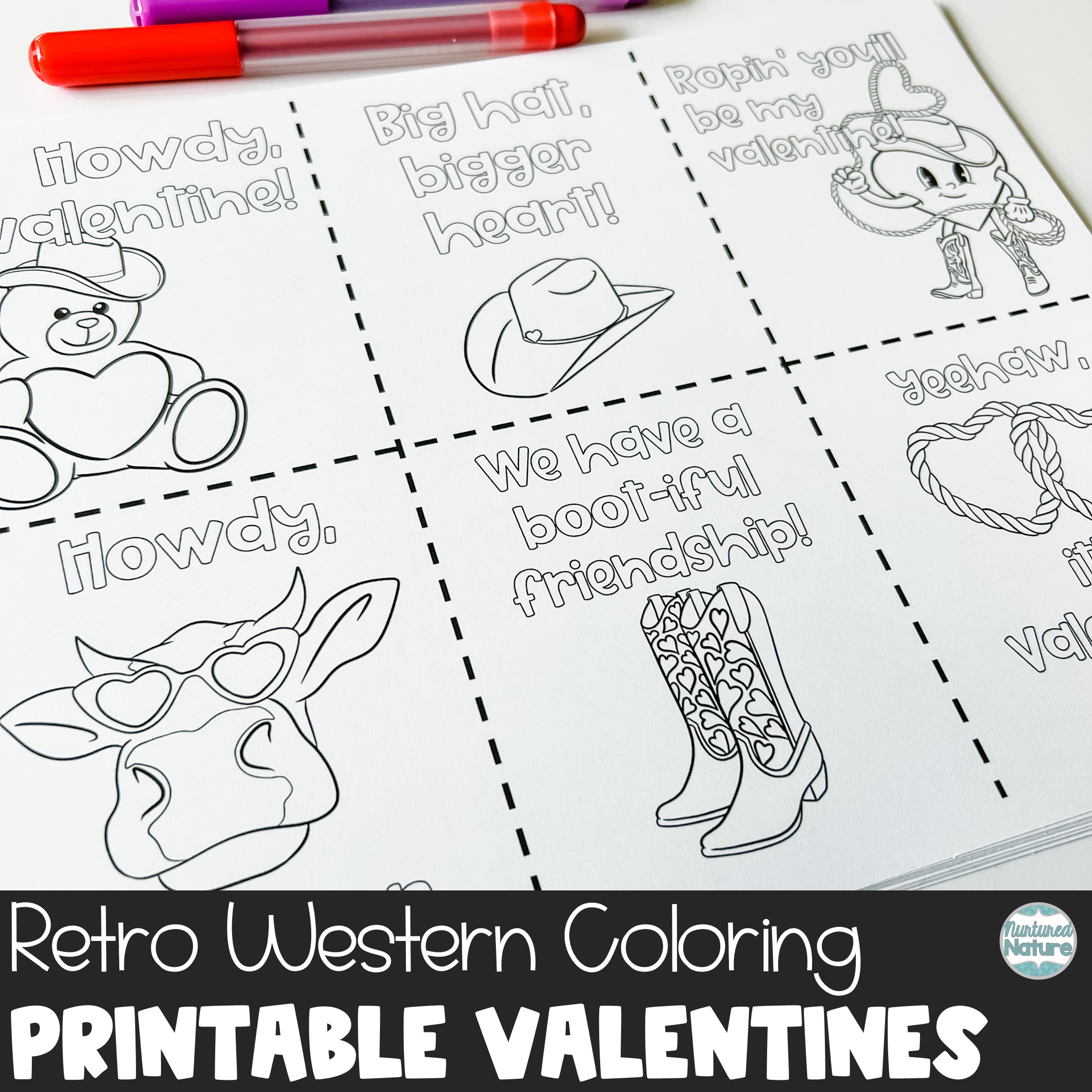 Retro Western Printable Coloring Sheet Valentines for Students | Made ...