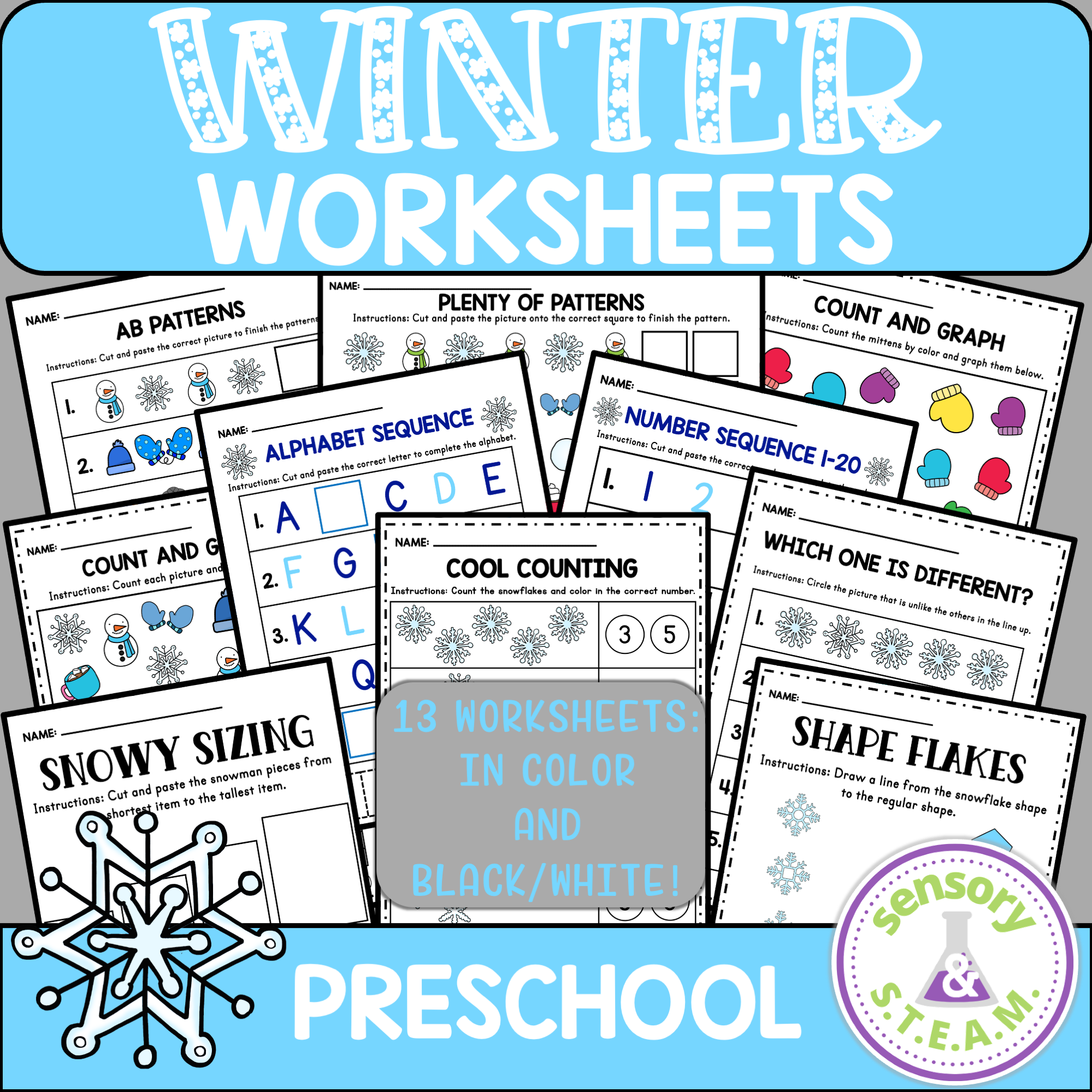 WINTER No-Prep Worksheets January Preschool | math patterns count graph ...