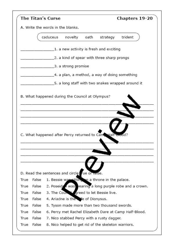 Rick Riordan "The Titan's Curse" worksheets | Made By Teachers