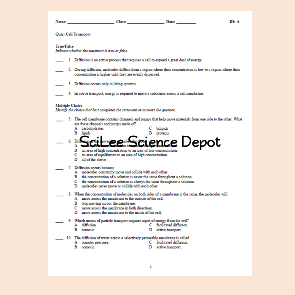 Cell Transport Assessment Packet: Quiz & Two Tests | Made By Teachers