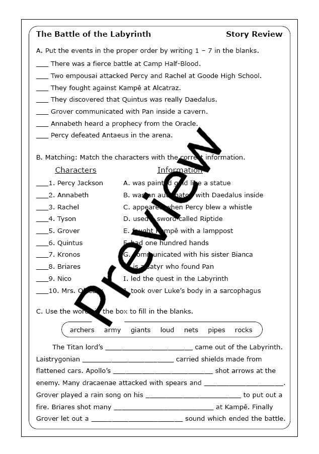 Rick Riordan "The Battle of the Labyrinth" worksheets | Made By Teachers