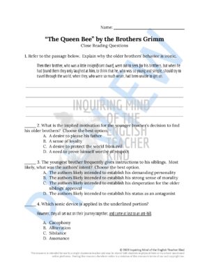 "The Queen Bee" by the Brothers Grimm Quiz and Close Reading Bundle ...