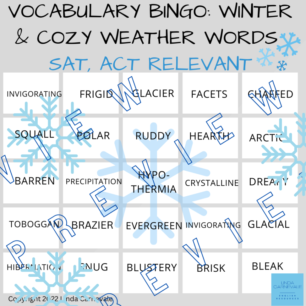 WINTER VOCABULARY BINGO with Mini Marshmallows English 6-12 SAT|ACT ...