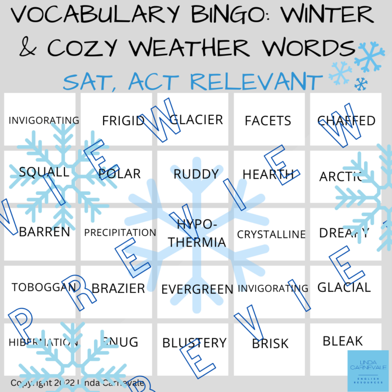 WINTER VOCABULARY BINGO with Mini Marshmallows English 6-12 SAT|ACT ...