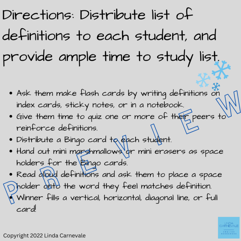 WINTER VOCABULARY BINGO with Mini Marshmallows English 6-12 SAT|ACT ...