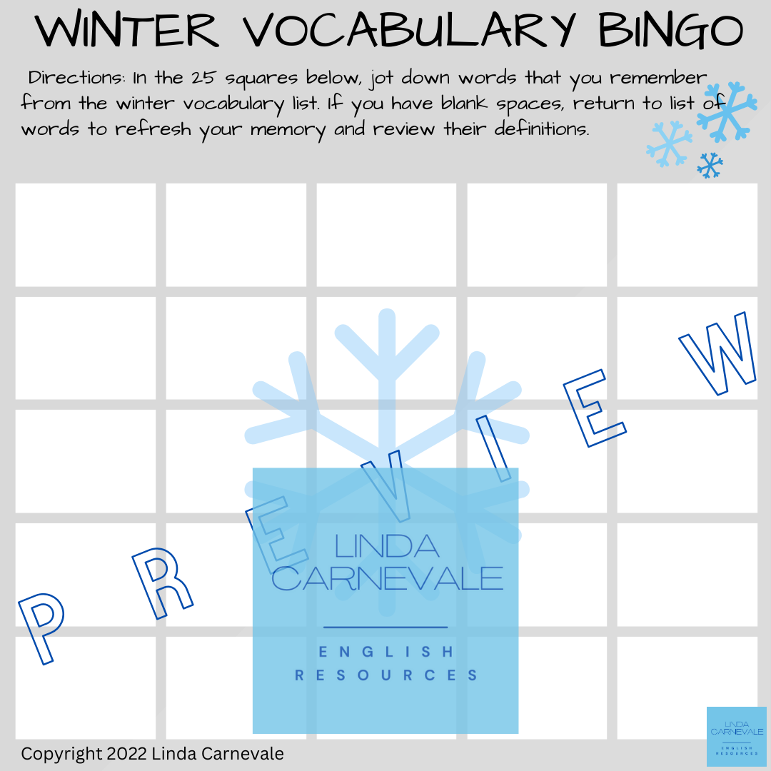 WINTER VOCABULARY BINGO with Mini Marshmallows English 6-12 SAT|ACT ...