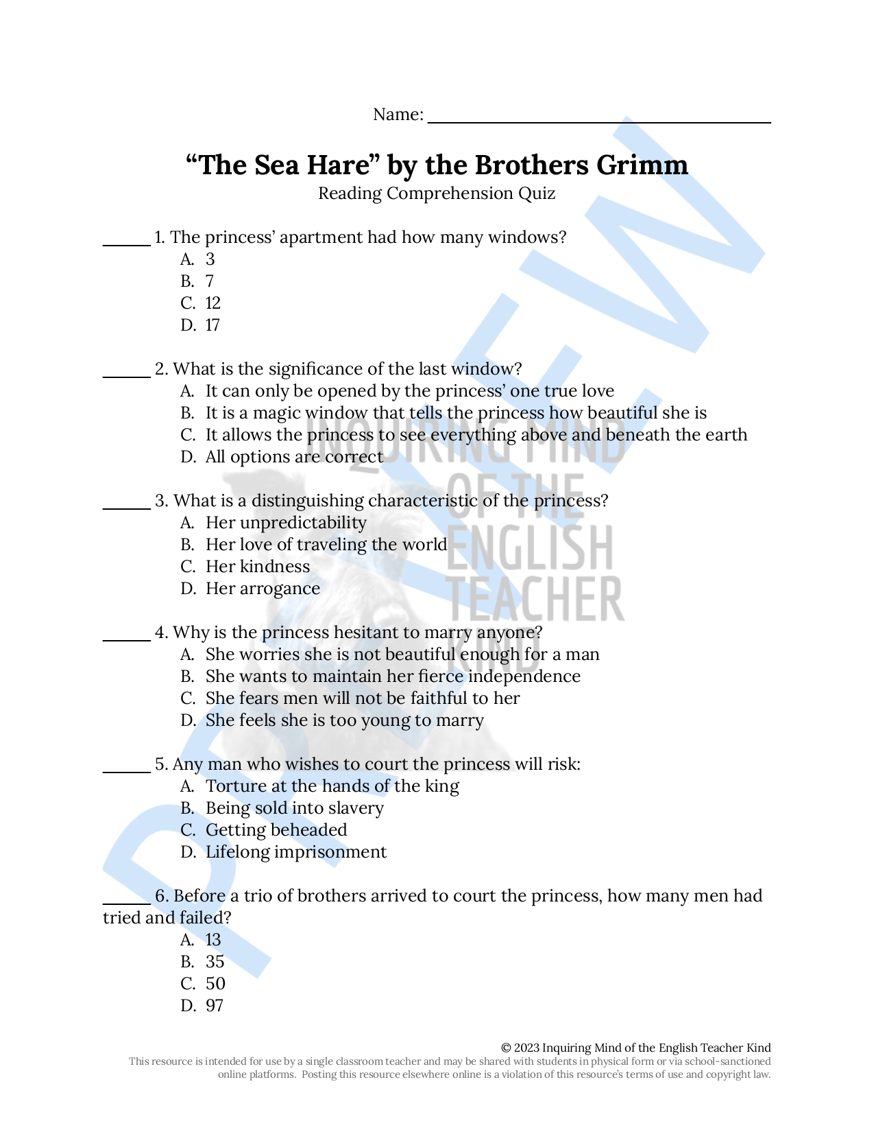 "The Sea Hare" by the Brothers Grimm Quiz and Answer Key | Made By Teachers