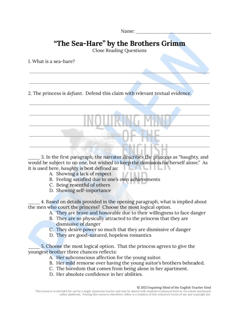"The Sea Hare" by the Brothers Grimm Close Reading Worksheet | Made By ...