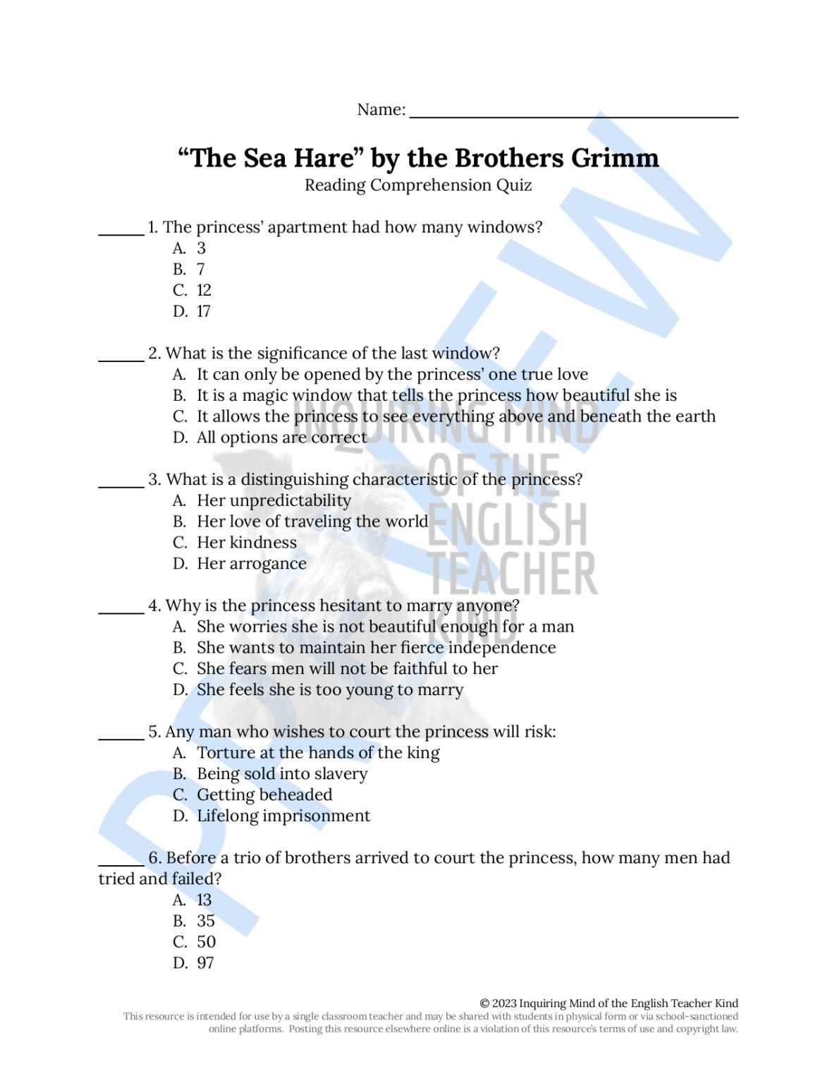 "The Sea Hare" by the Brothers Grimm Quiz and Close Reading Bundle ...
