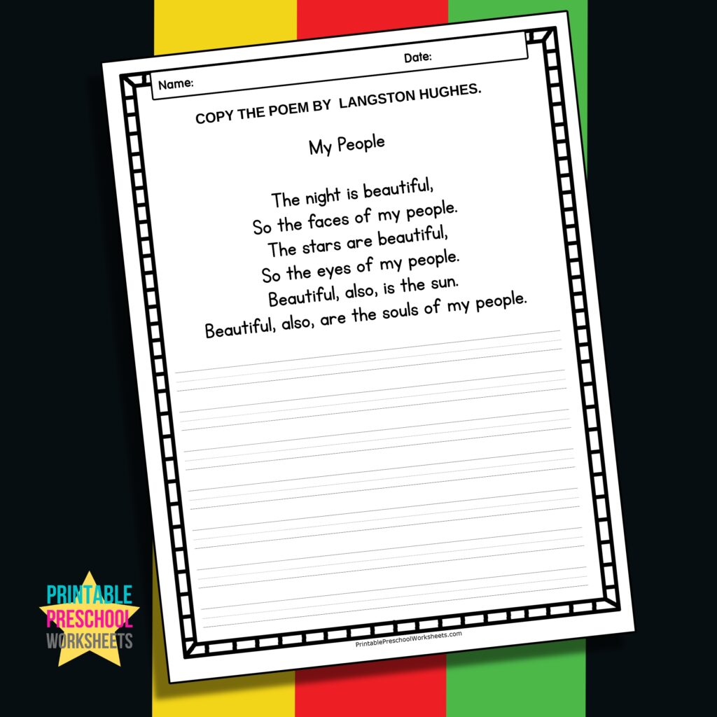 'My People' by Langston Hughes copywork worksheet for Black History ...