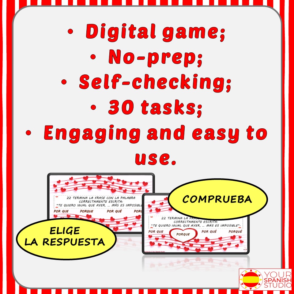 Valentine´s Day Spanish spelling no prep game La acentuación quiz ...