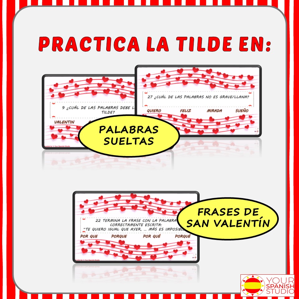 Valentine´s Day Spanish spelling no prep game La acentuación quiz ...
