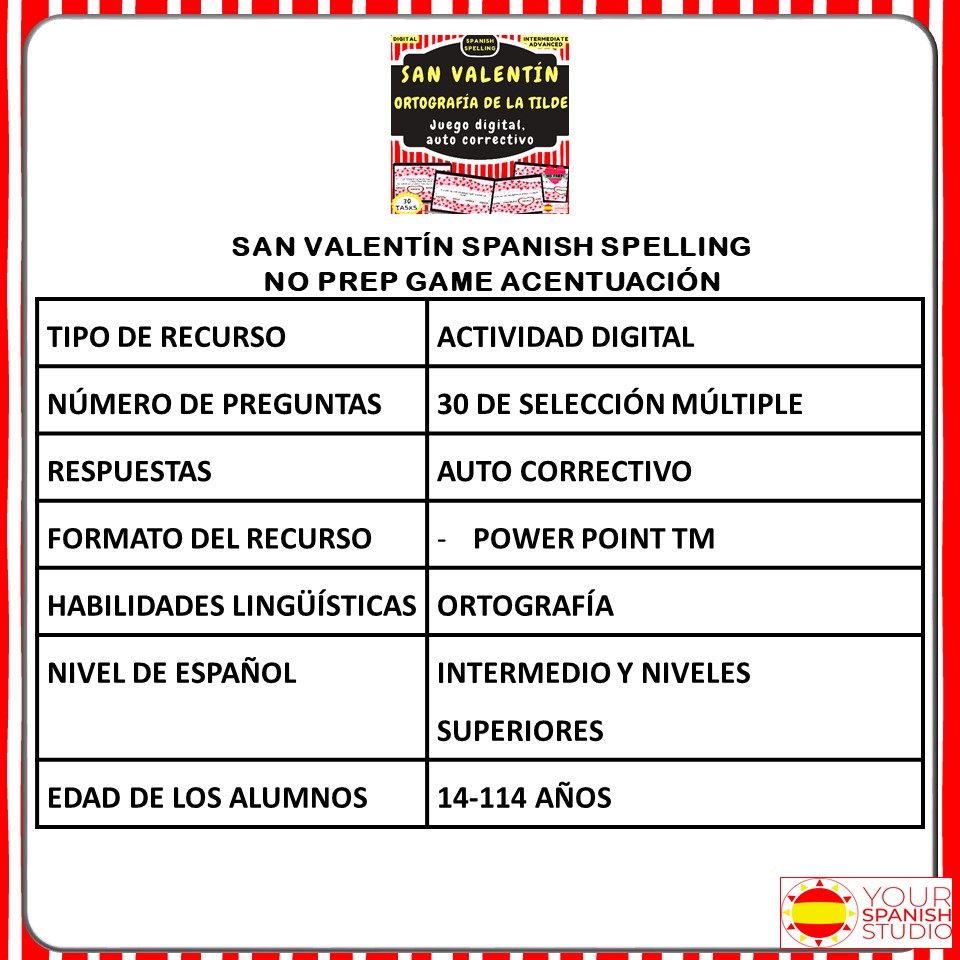 Valentine´s Day Spanish spelling no prep game La acentuación quiz ...