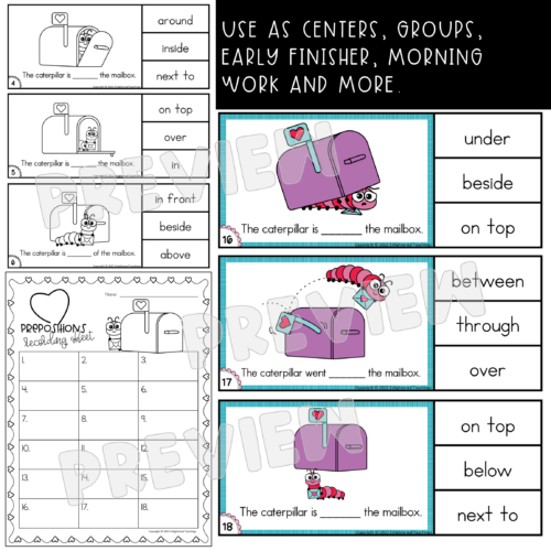 Valentines Preposition Clip Cards Task Cards Positional Words ...