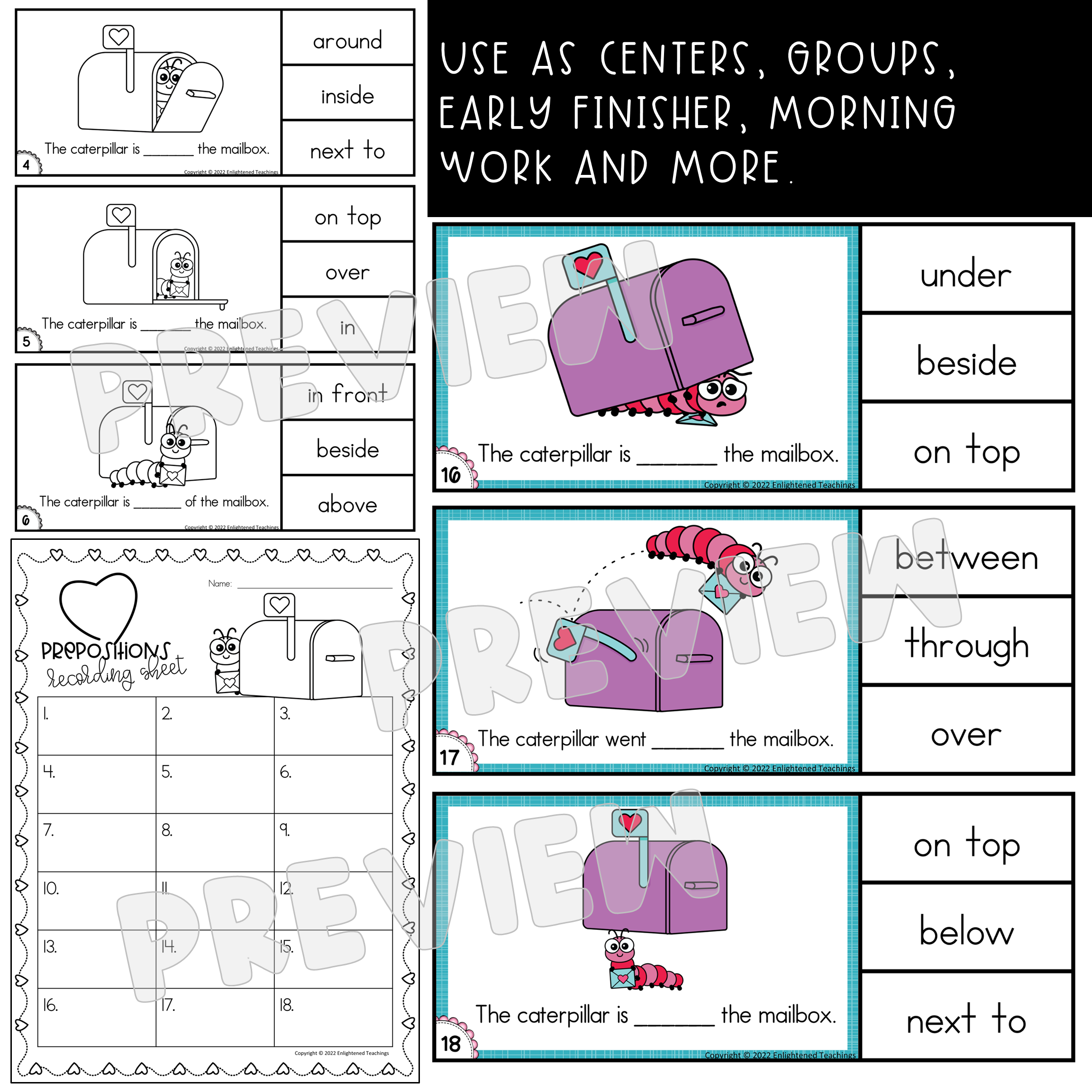 Valentines Preposition Clip Cards Task Cards Positional Words ...