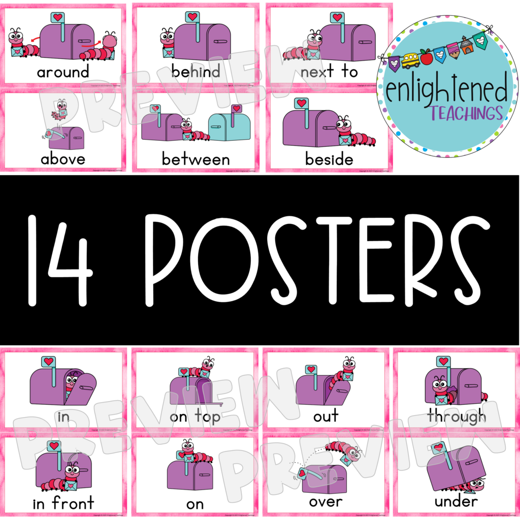 Preposition Posters Valentine Theme Positional Words Banner Caterpillar ...