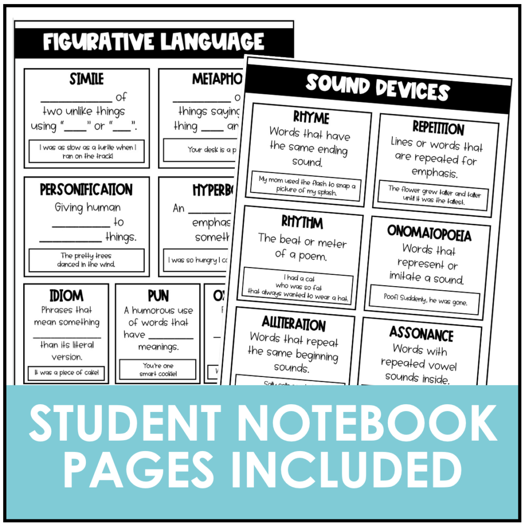 Figurative Language and Sound Devices Posters and Notebook Pages | Made ...