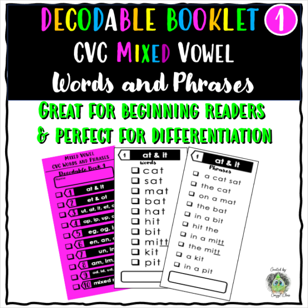 Decodable Booklet 1: CVC Mixed Vowel Words and Phrases for Beginning ...