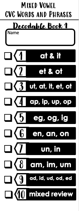 Decodable Booklet 1: CVC Mixed Vowel Words and Phrases for Beginning ...