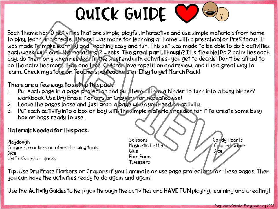 February Preschool Play Learn Create Workbook | Made By Teachers