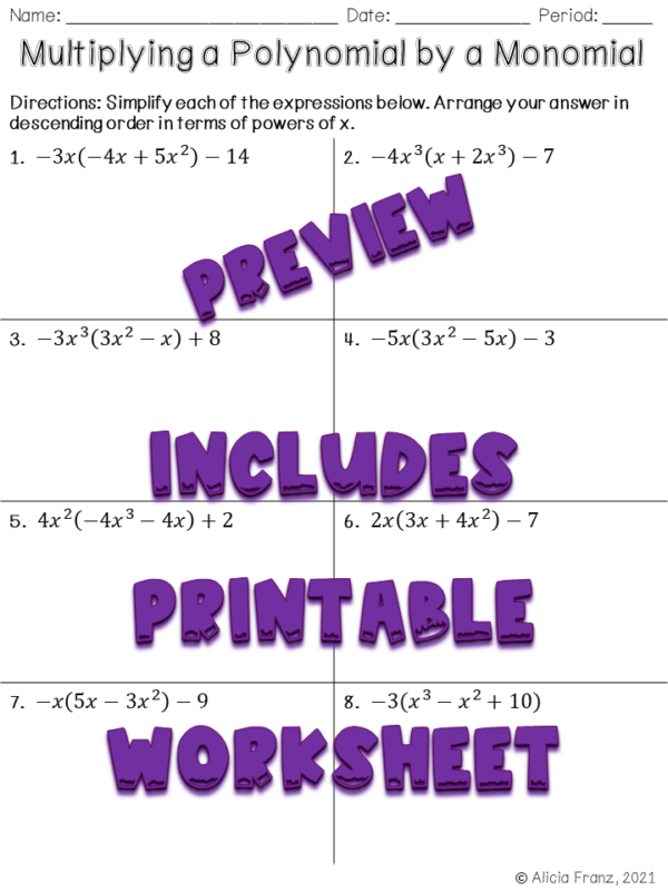 Multiplying Polynomials by Monomials Activity Digital Pixel Art Mystery ...
