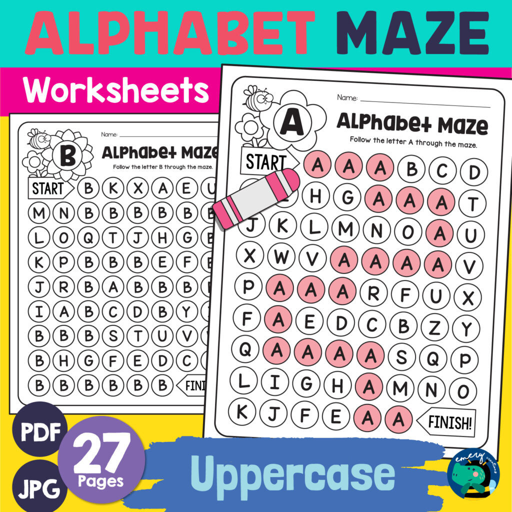 Alphabet Maze Worksheets | Uppercase A-Z Activity | Letter Recognition ...