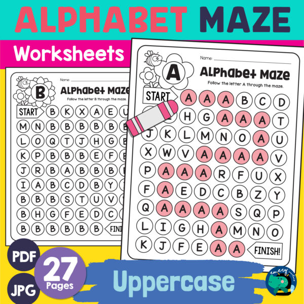 Alphabet Maze Worksheets | Uppercase A-Z Activity | Letter Recognition ...