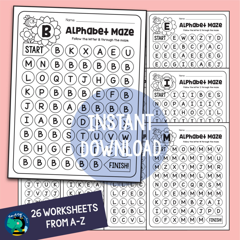 Alphabet Maze Worksheets | Uppercase A-Z Activity | Letter Recognition ...