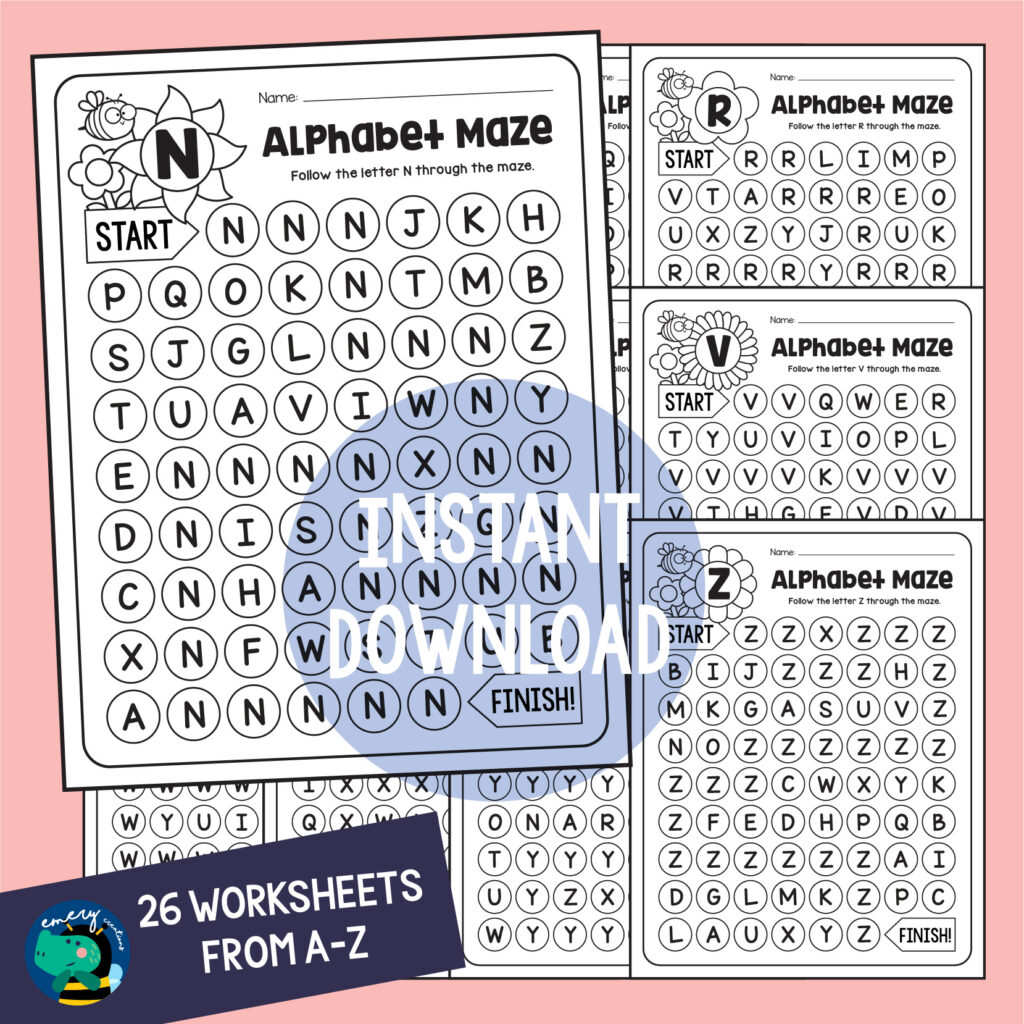 Alphabet Maze Worksheets | Uppercase A-Z Activity | Letter Recognition ...