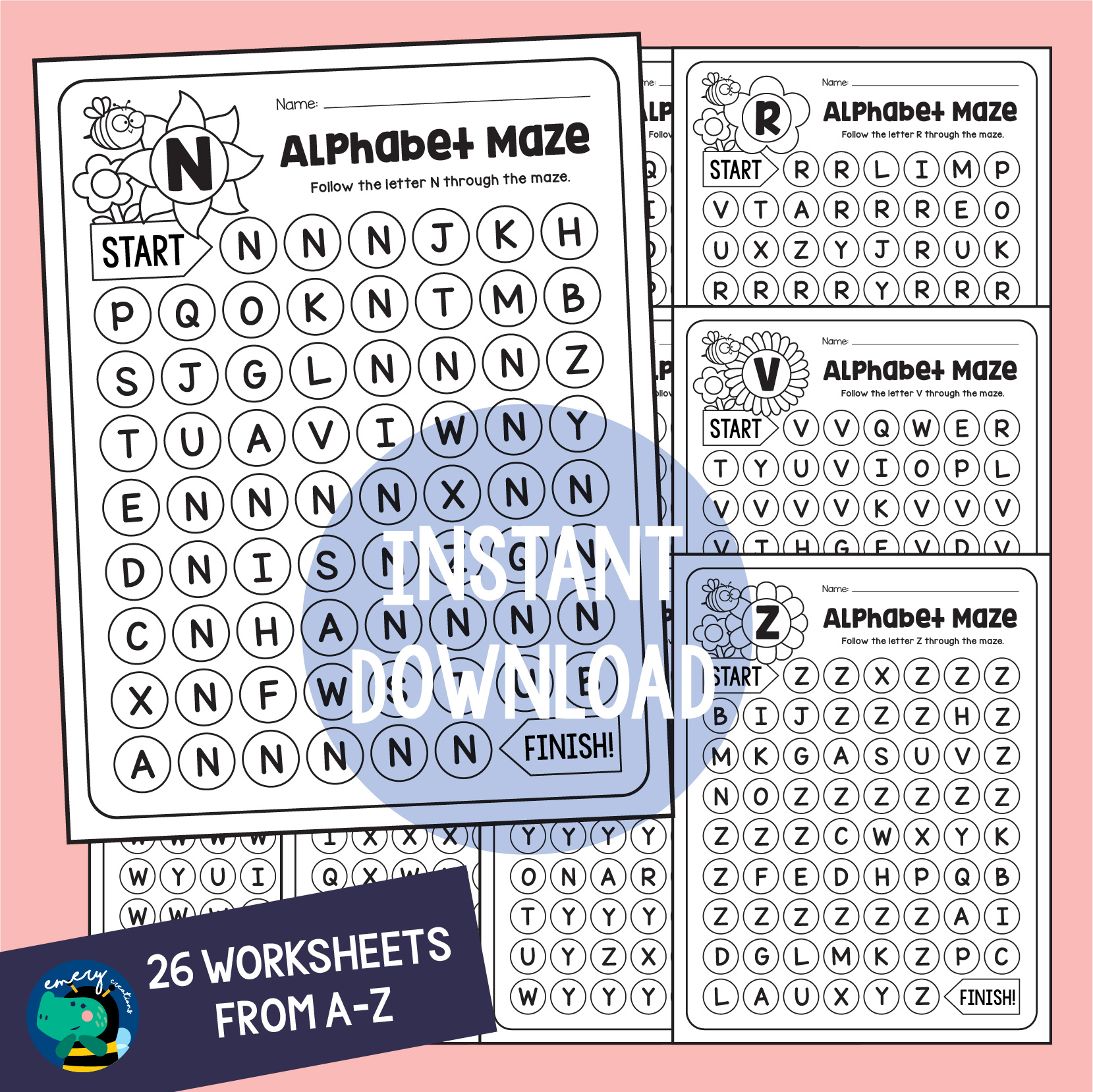 Alphabet Maze Worksheets | Uppercase A-Z Activity | Letter Recognition ...