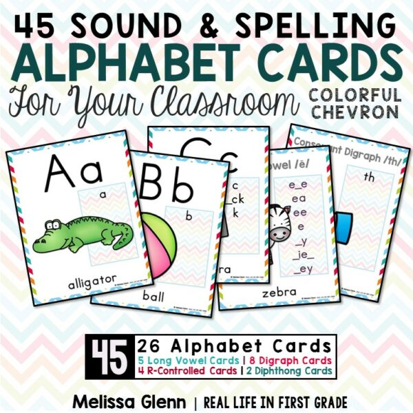 Alphabet Cards with Sounds Spellings (Colorful Chevron) | Made By Teachers