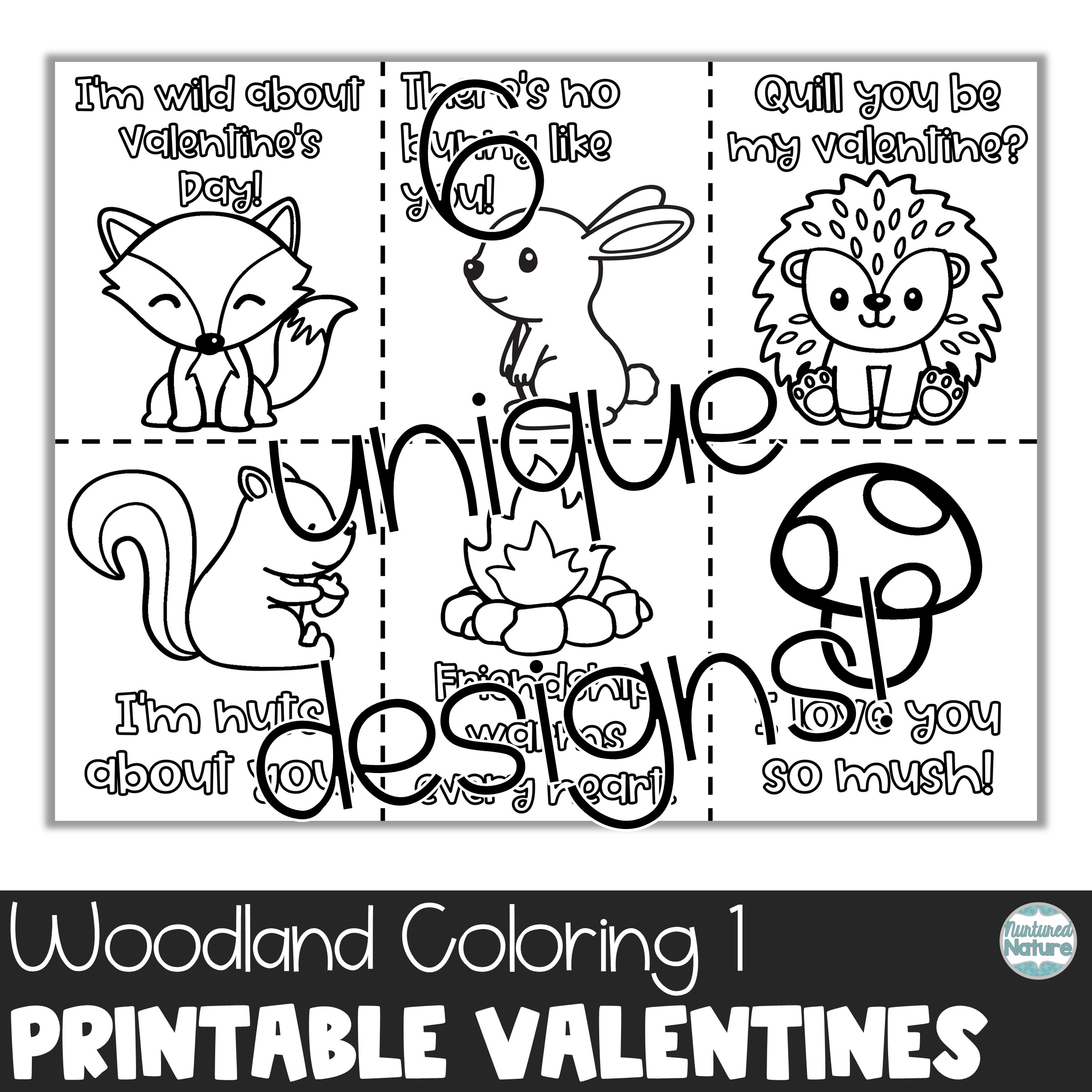 Woodland Animals Coloring Valentines - Fox, Rabbit, Hedgehog, and ...