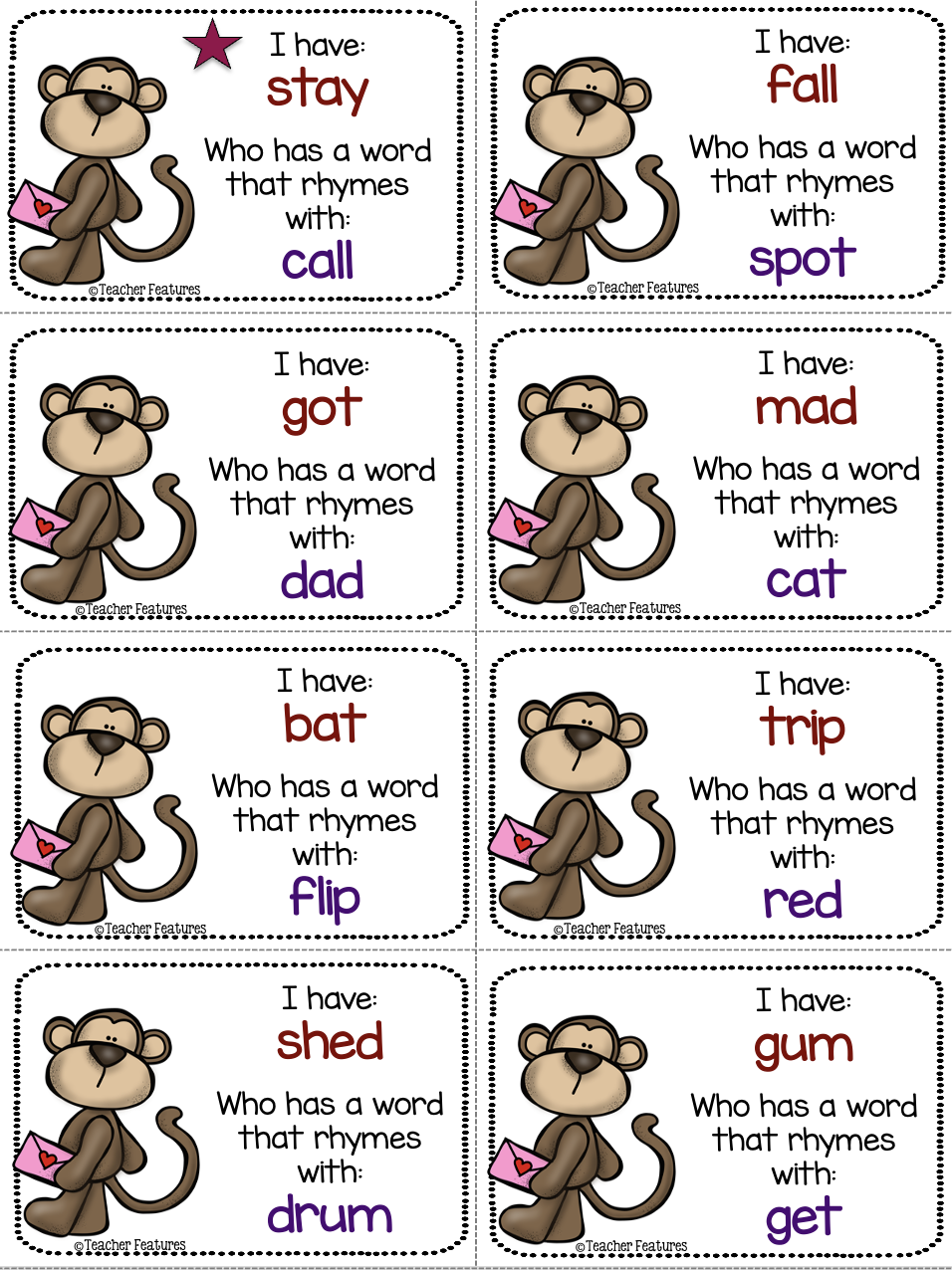 Rhyming Game I HAVE WHO HAS Valentine's Day Monkey | Made By Teachers