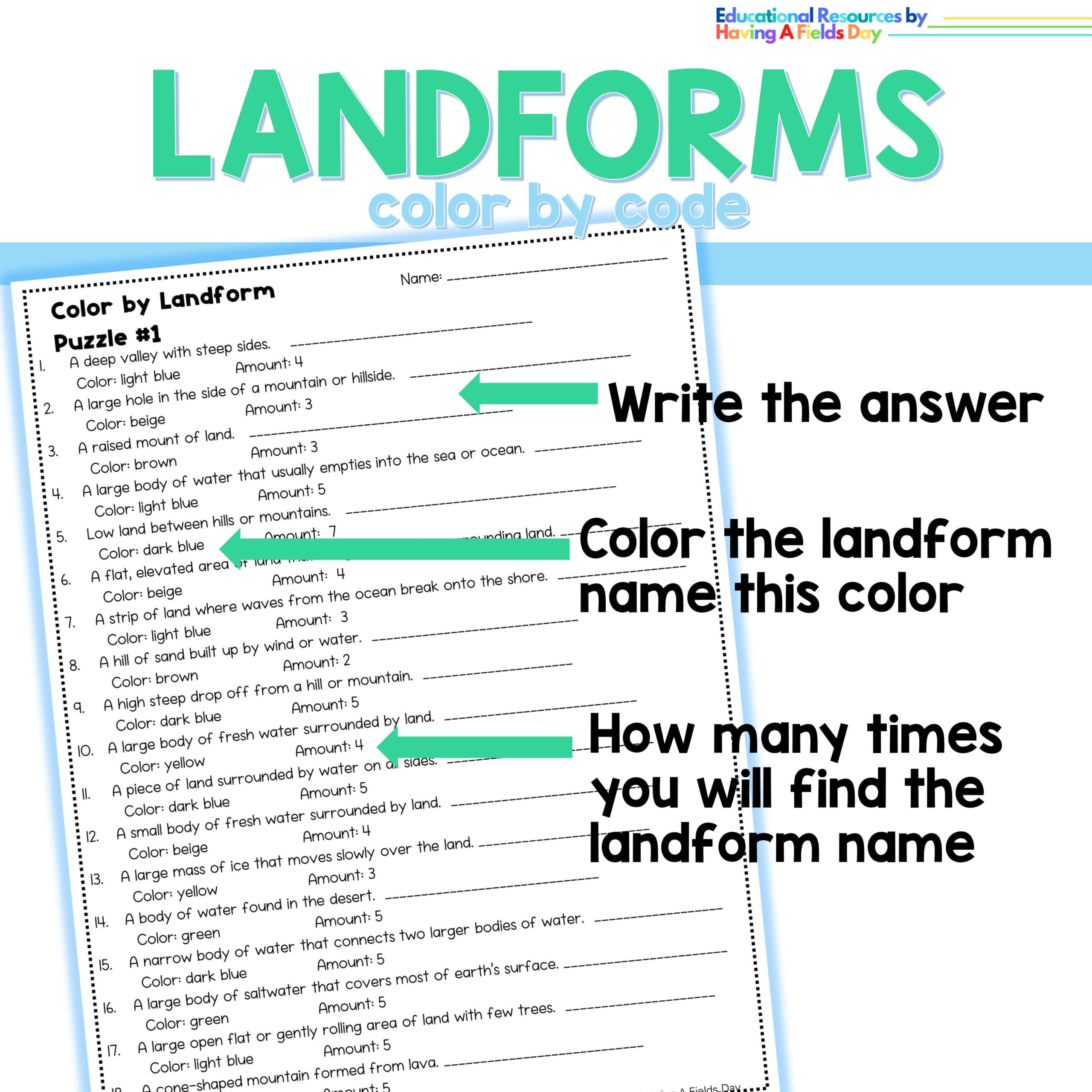 Landforms | Color by Code | Color by Number | Made By Teachers
