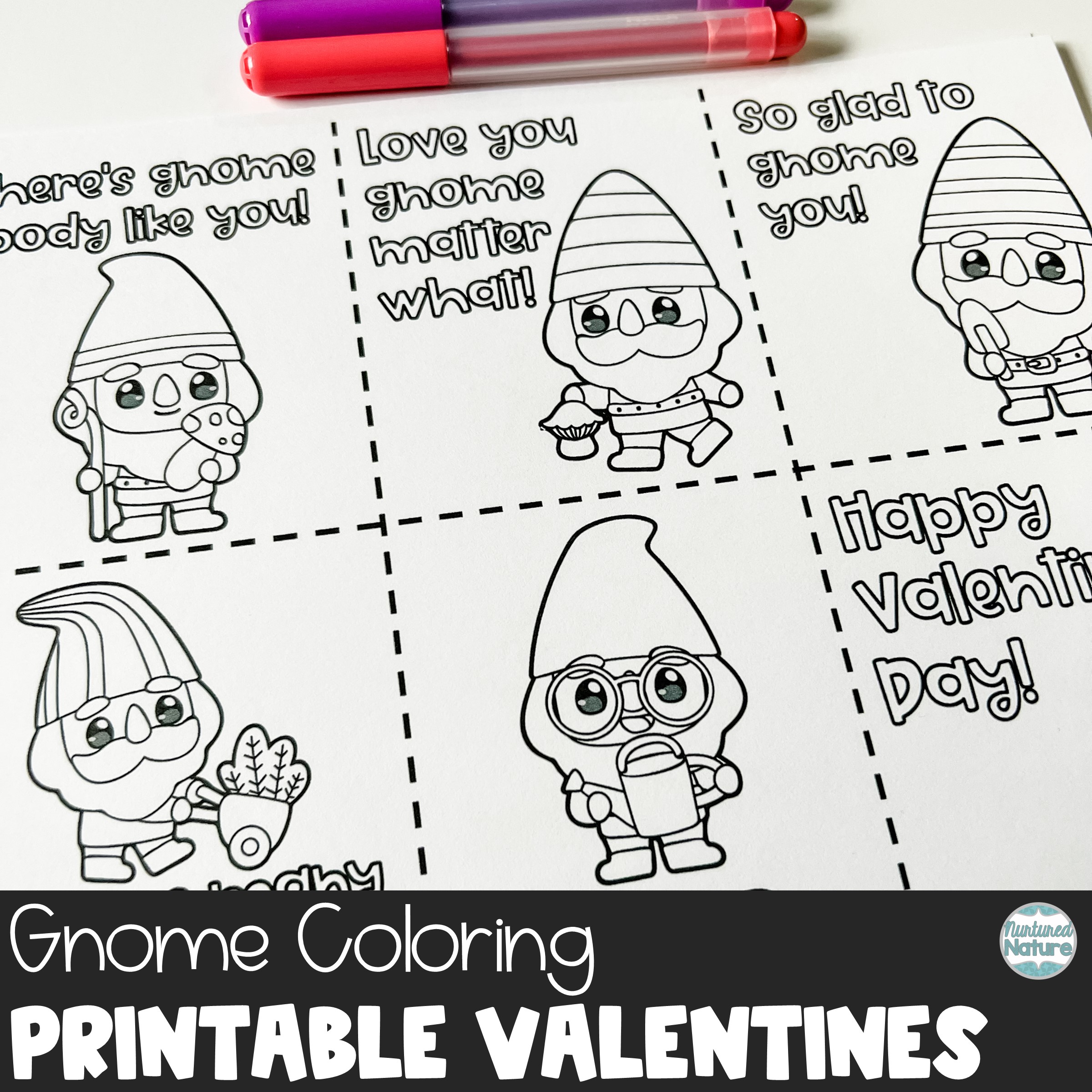 Gnome Coloring Sheet Valentines - Printable Cards for Students | Made ...