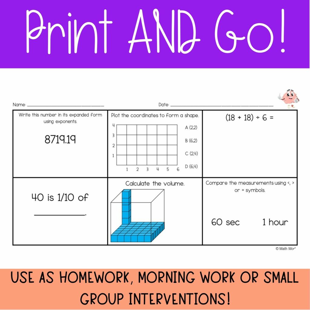 Grade 5 Math Daily Spiral Review for Math Homework or Math Morning Work ...
