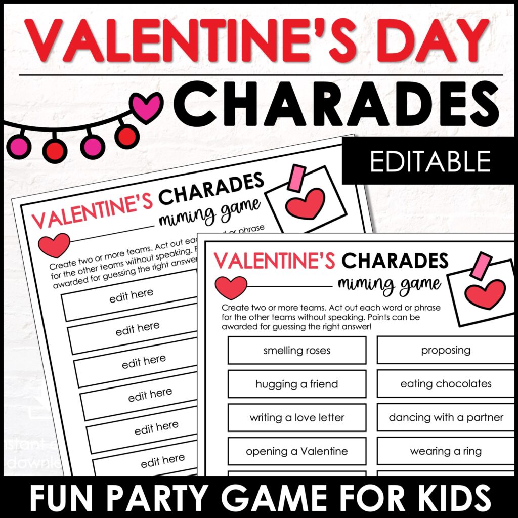 Valentine's Day Charades Party Game for Kids, Classroom Charades ...
