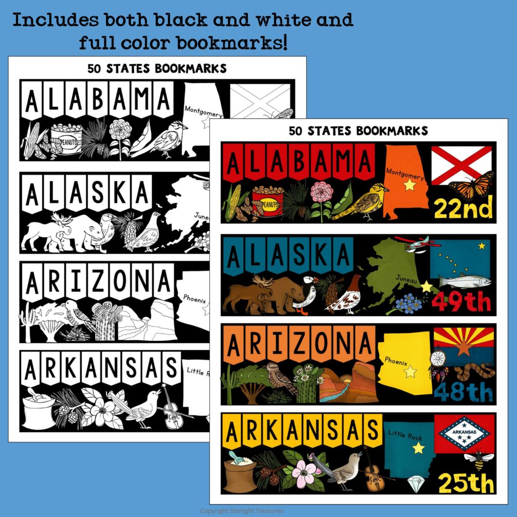 50 States Cut n' Color Bookmarks: Black and White AND Full Color | Made ...