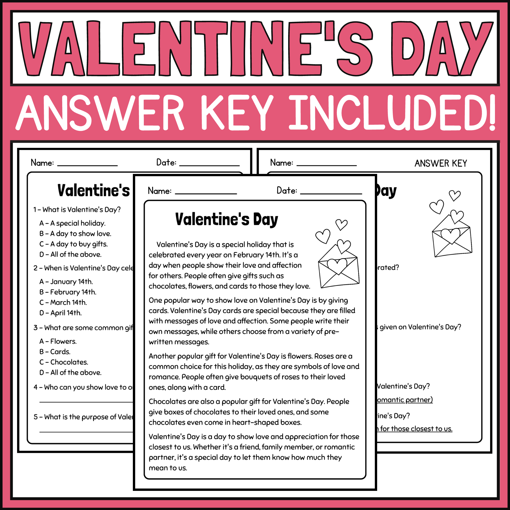 Valentine's Day Article and Reading Comprehension Questions | Made By ...