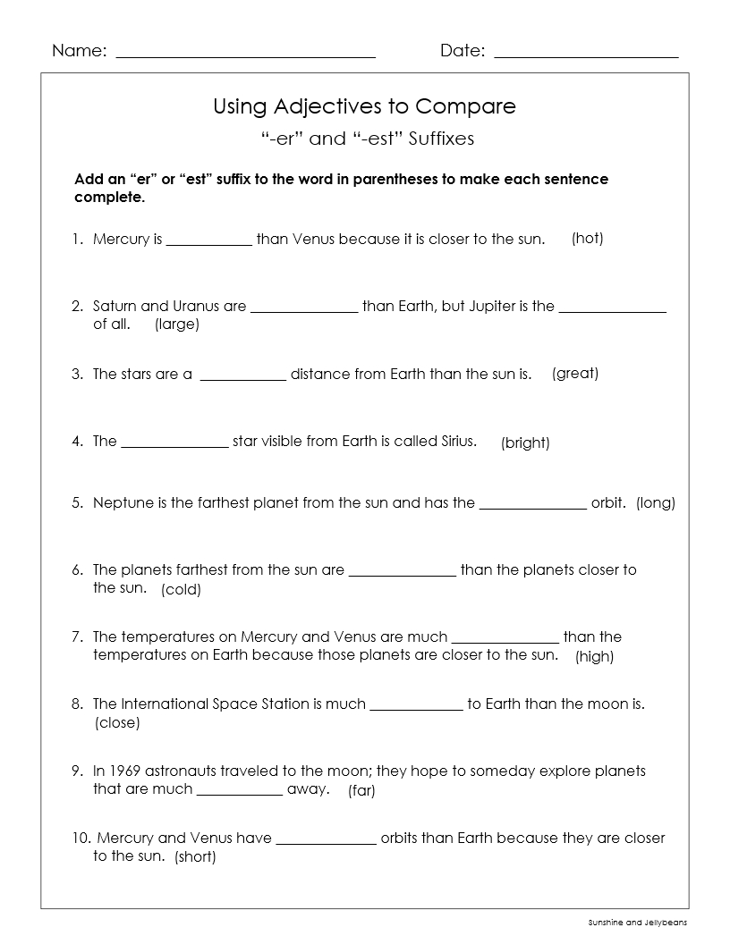 Adjectives that Compare: -er -est more most - Outer Space Theme- Grades ...